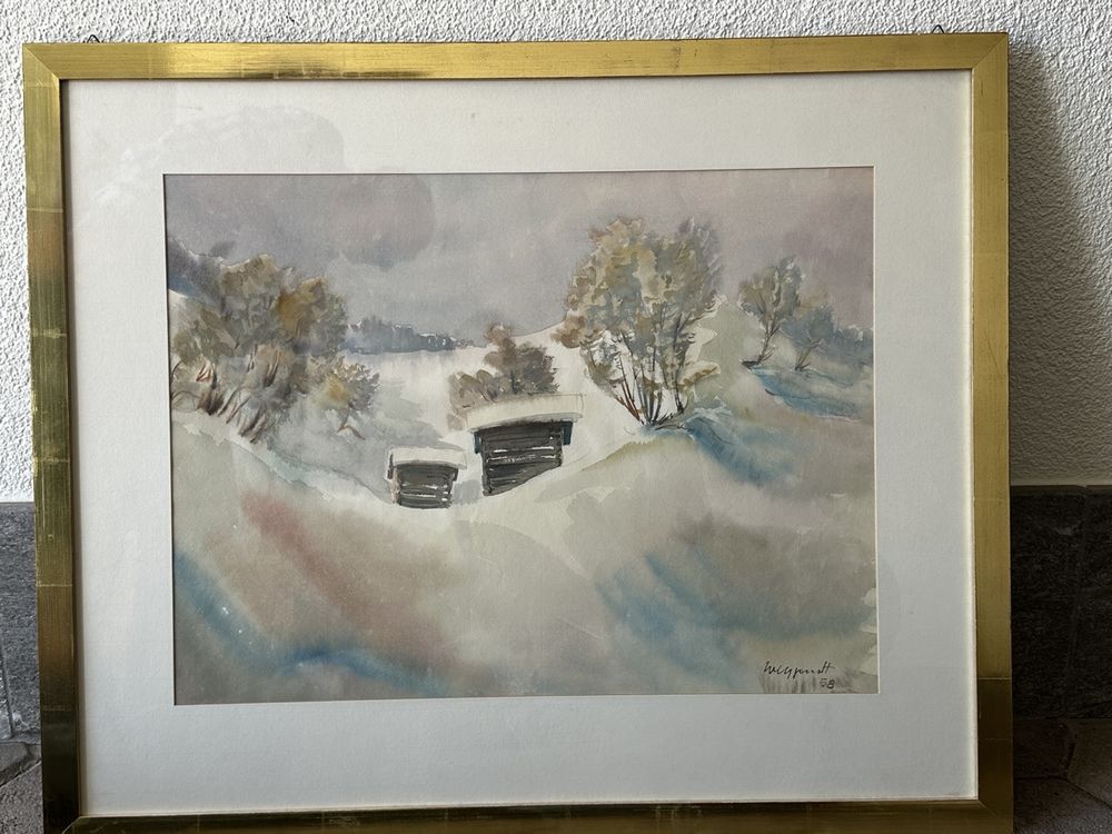 Winter Aquarell-Gemälde signiert (1958) mit Goldrahmen (Gebraucht) in Hüntwangen für CHF 15 ...