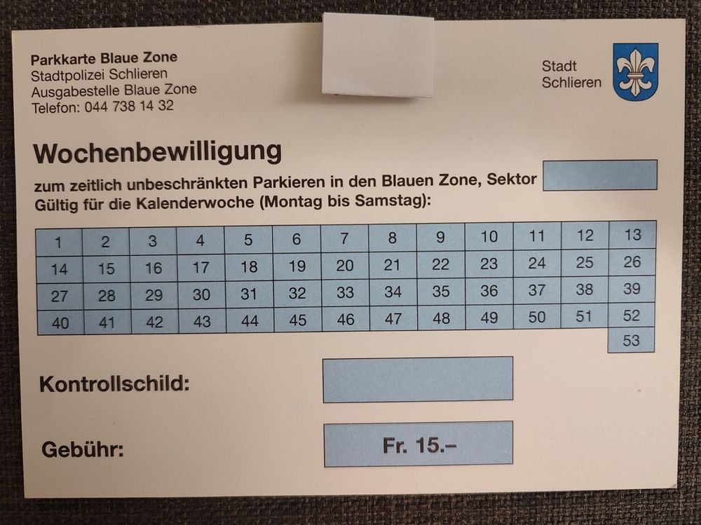 Parkkarte Schlieren Wochenkarte Blaue Zone Gratisversand (Gebraucht) in ...