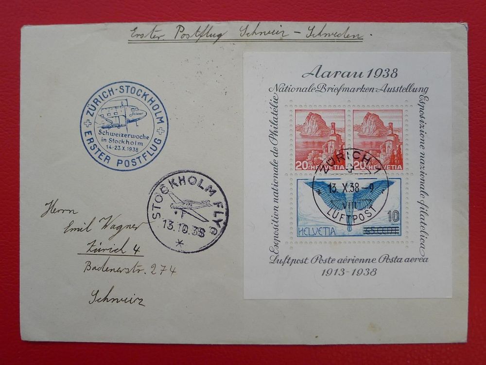 1938: W11 AARAU-Block auf Flugpostbrief, mit Vignette rücks. (Gebraucht ...