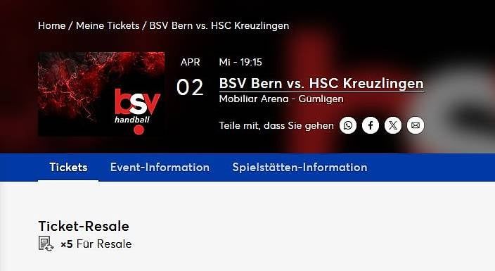 Tickets BSV Bern vs. HSC Kreuzlingen - 5 Plätze - 02.04.2025 (Gebraucht) in Worblaufen für CHF ...