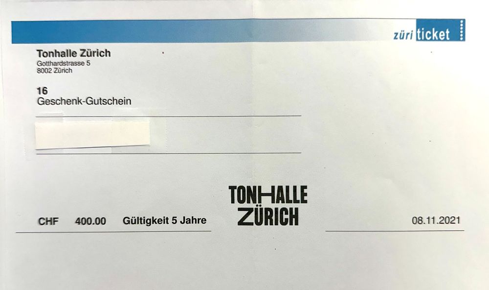 Tonhalle Zürich Gutschein, CHF 400.- (Neu (gemäss Beschreibung)) in St. Gallen für CHF 320 – mit ...