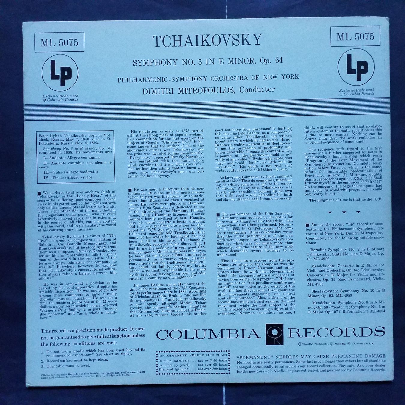 TCHAIKOVSKY (Mitropoulos), symphony 5 - US 1958 press +++++ (Gebraucht ...