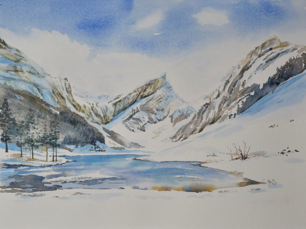 Aquarell Seealpsee Alpstein Winter, Original | Kaufen auf Ricardo