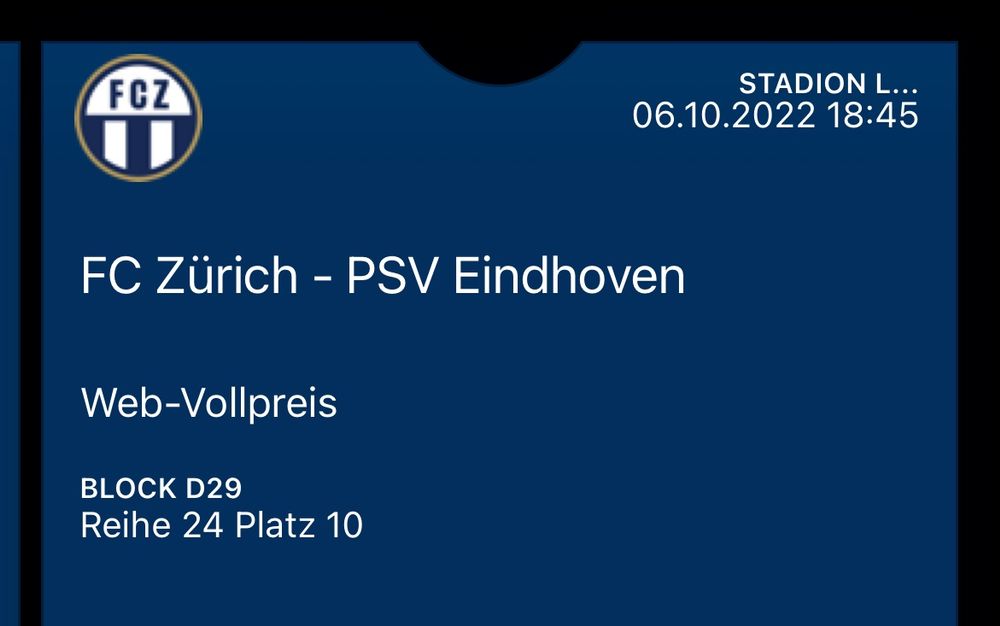 FC Zürich PSV Eindhoven 2 Tickets Sektor D29 nebeneinander (Neu und ...