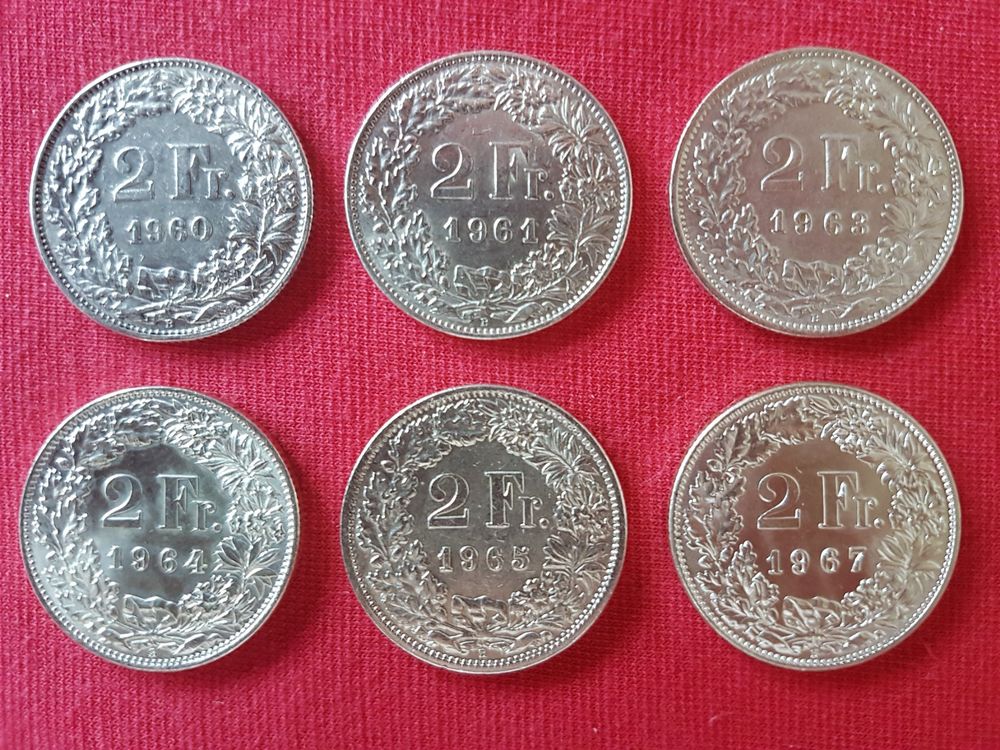6 x 2 Fr Silbermünzen 1960 bis 1967 komplette Serie ab 1 Fr (Gebraucht) in Camignolo für CHF 33 ...