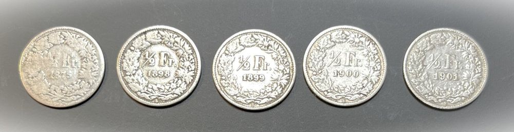 Fünf schöne 50 Rappen-Stücke aus den Jahren 1875 bis 1901 (Gebraucht ...