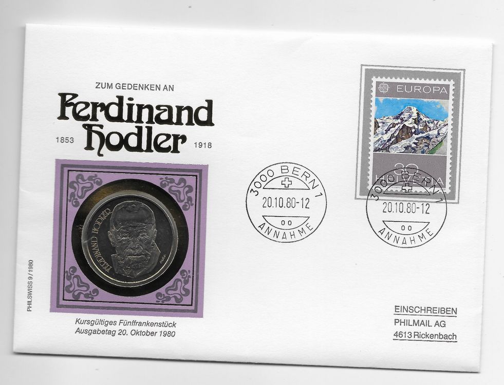 Münzbrief, 5 Fr.Gedenkmünze Ferdinand Hodler 1980 (Neu (gemäss Beschreibung)) in Hefenhofen für ...