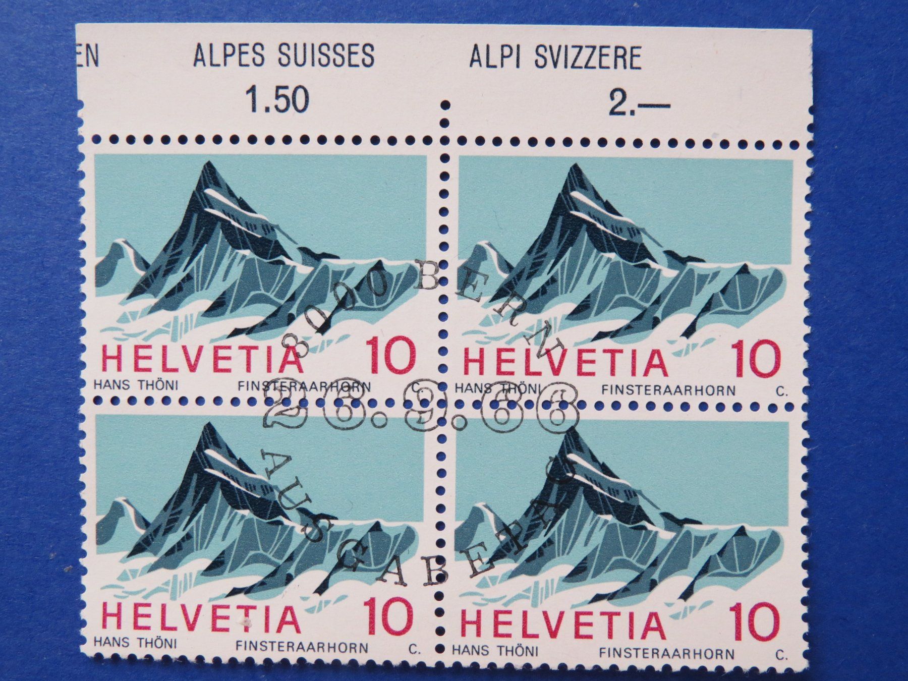 Viererblock "Schweizer Alpen" 1966 Ersttag BERN (Gebraucht) in Brunnen für CHF 0.5 – mit ...