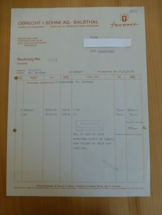 Balsthal, Obrecht + Söhne AG Kleiderfabrik, 1968 (Gebraucht) in Bettlach für CHF 1 – mit ...