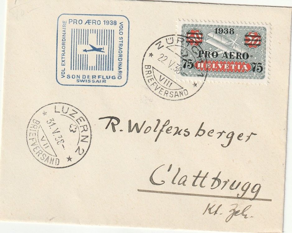 Pro Aero 1938, klein formatiger Brief, Etappe- Zürich-Luzern (Gebraucht) in Turgi für CHF 3 ...