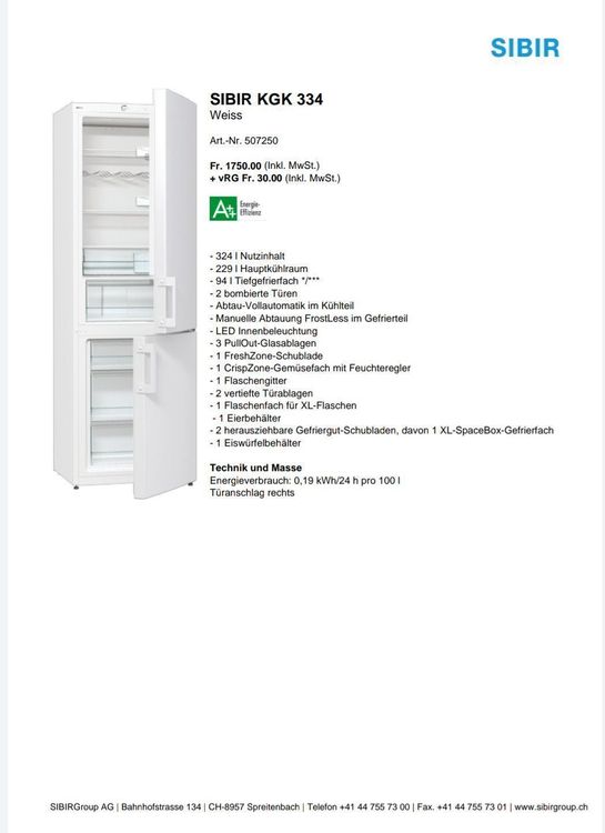 SIBIR Kühlschrank | Kaufen auf Ricardo