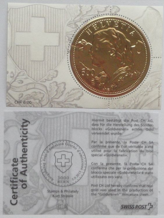 GOLDVRENELI SONDERBLOCK mit ZERTIFIKAT 2013 (Neu und originalverpackt) in Bern für CHF 6.9 – mit ...