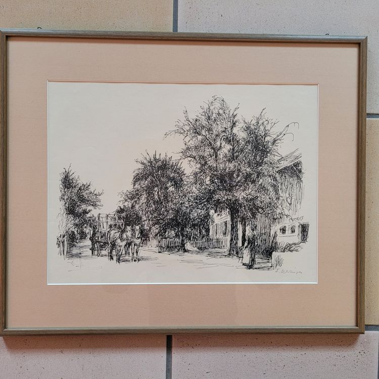 Fritz Deringer, Lithographie - Bauernhaus mit Pferdegespann | Kaufen ...