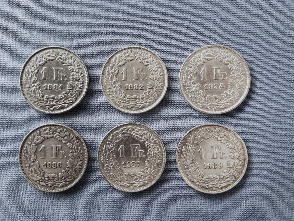 6 x 1 Fr Silbermünzen 1931-1932-1934-1936-1937-1939 ab 1 Fr! (Gebraucht) in Camignolo für CHF 17 ...