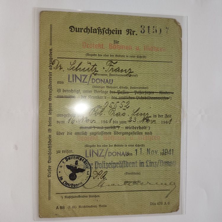 1941 Durchlassschein ins Protektorat Böhmen & Mähren | Kaufen auf Ricardo