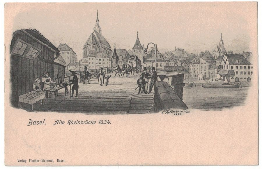 Basel, Alte Rheinbrücke 1834, Künstlerkarte von 1934 (Gebraucht) in Frauenfeld für CHF 5.2 – mit ...