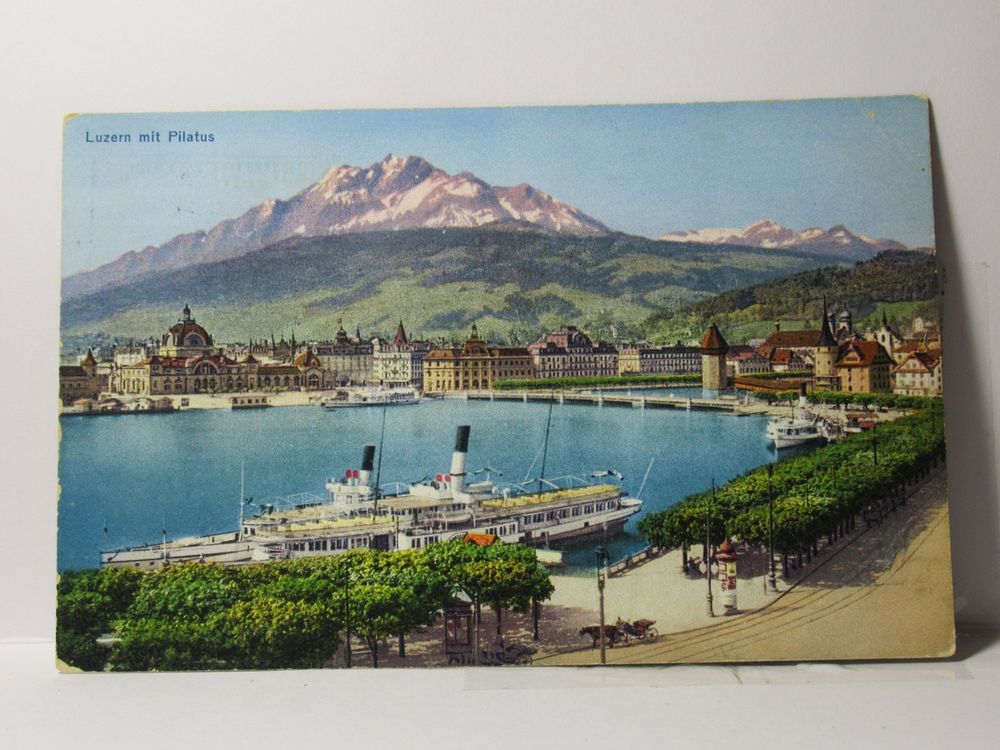 AK Dampfschiff, Luzern mit Pilatus , Bahnhof 1928 (Gebraucht) in Grenchen für CHF 1.2 – mit ...