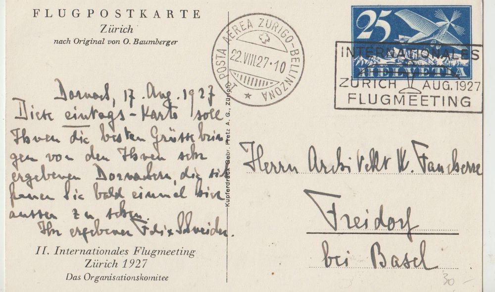 Flug 1 Posta Aerea Zurigo-Bellinzona 1927 GS Karte (Gebraucht) in Biel ...
