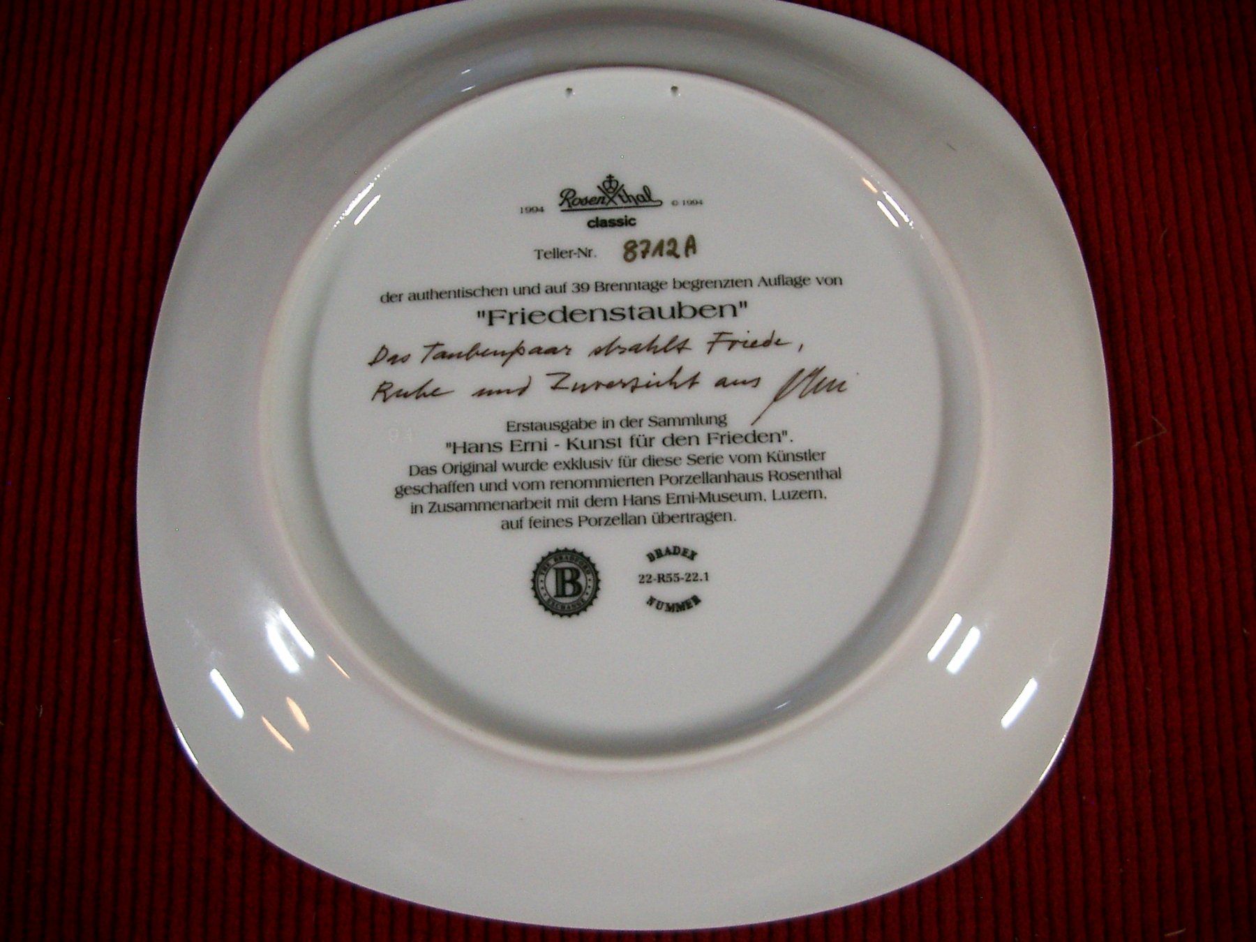 Hans Erni "Die Friedenstauben" Sammlerteller Rosenthal OVP (Neu und ...