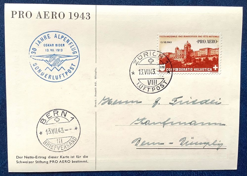 1943 Pro Aero Postkarte Oskar Bider 30 Jahre Alpenflug | Kaufen auf Ricardo