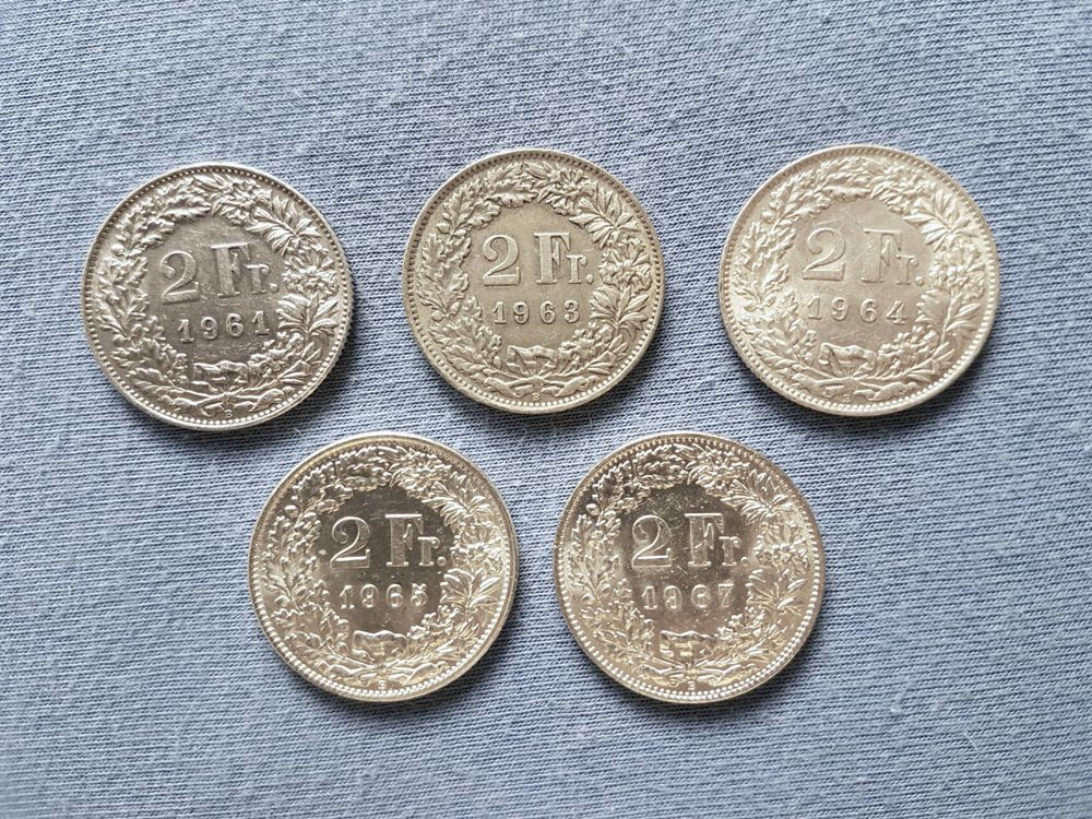 5 x 2 Fr Silbermünzen 1961 bis 1967 komplette Serie ab 1 Fr! | Kaufen auf Ricardo