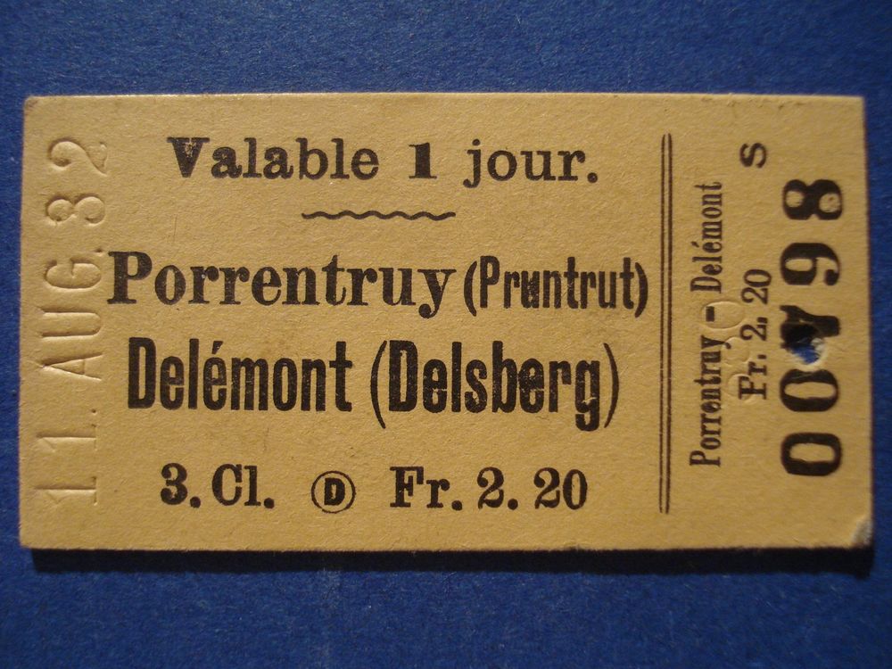 SBB - 11.8.1932 - PORRENTRUY - DELÉMONT (Delsberg) - 3.Cl. (Gebraucht) in Biel/Bienne für CHF 22 ...