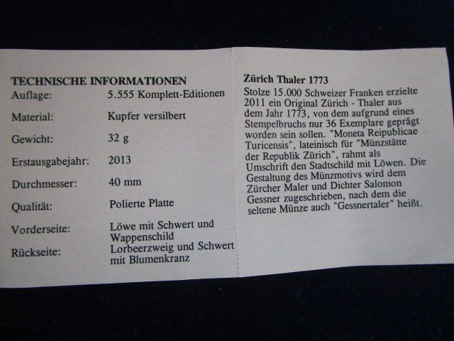 Taler Zürich - Löwe mit Schwert - D = 40 mm - Cu-versilb. PP (Neu und originalverpackt) in ...