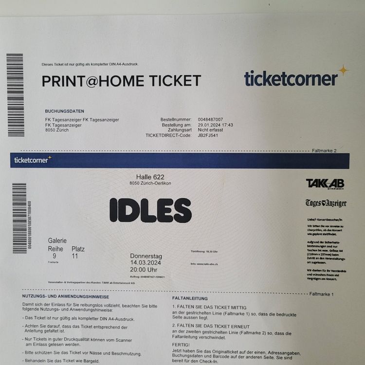IDLES 2 Tickets 14.03.2024 Zürich (Neu und originalverpackt) in ...