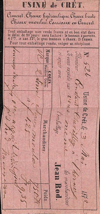 Facture Usine de Crêt Ciment Villeneuve Vevey 1872 Jean Rod | Kaufen ...