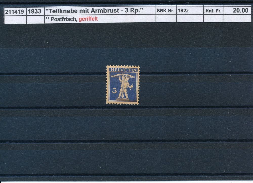 1933 Tellknabe mit Armbrust - 3 Rp. geriffelt, ** postfrisch (Neu (gemäss Beschreibung)) in ...