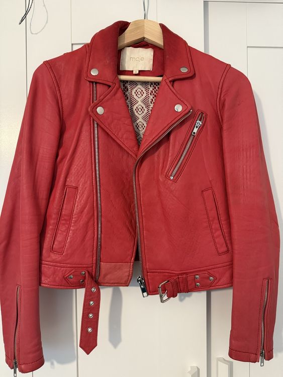 Maje Red Leather Biker Jacket with Lace Detail 36/S (Gebraucht) in ...