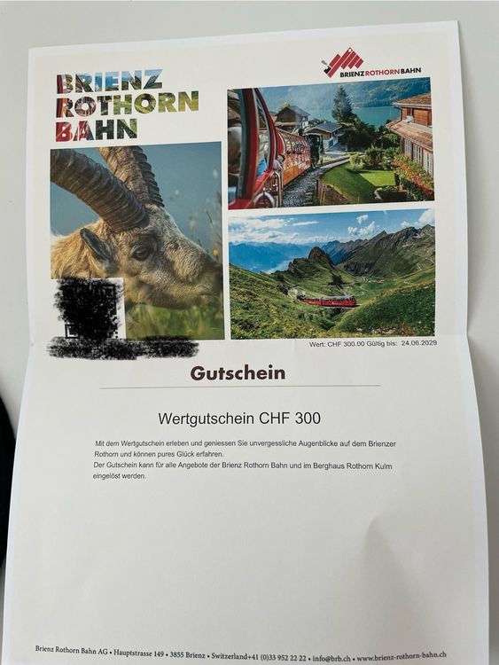 Brienz Rothorn Bahn Gutschein - CHF 300.00 Wert! (Neu und originalverpackt) in Jegenstorf für ...