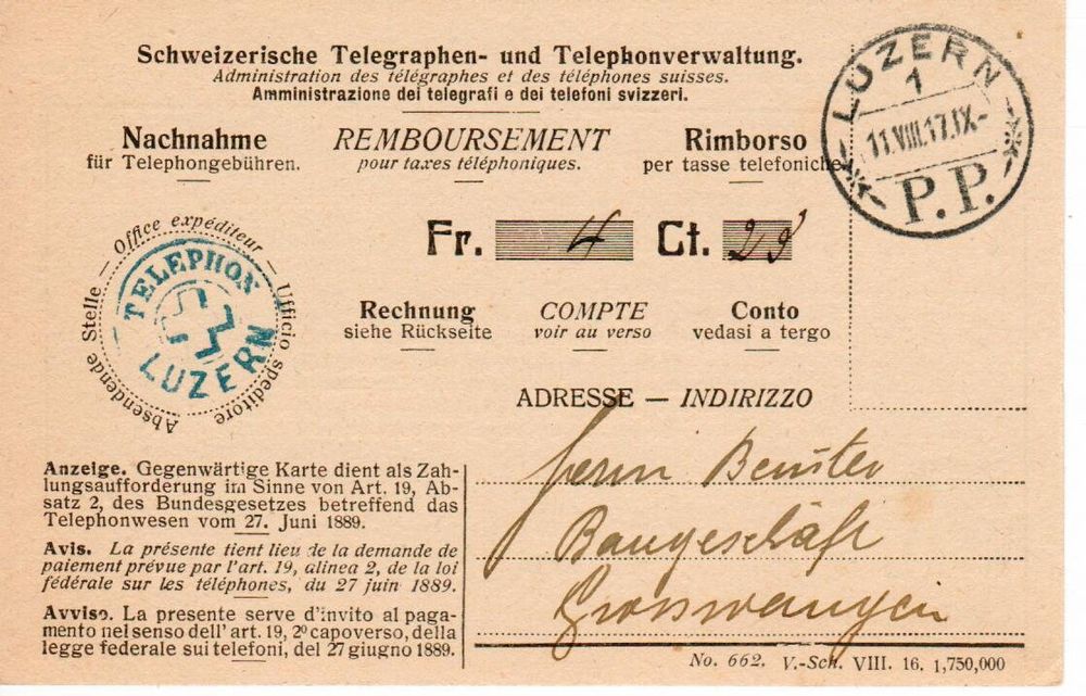 NN Für Telephongebühren Luzern 1 P.P. - 1917 (Gebraucht) in Wolhusen für CHF 3 – mit Lieferung ...