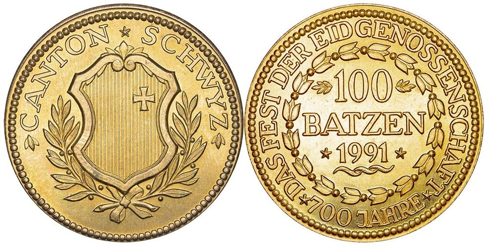 Kanton Schwyz Gedenkprägung 100 Batzen 1991 (Stgl.) (Neu (gemäss ...