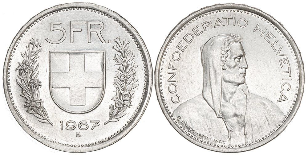 5 Franken von 1967, 3* vor Gesicht (vorzüglich +) (Gebraucht) in Kollbrunn für CHF 67 – mit ...