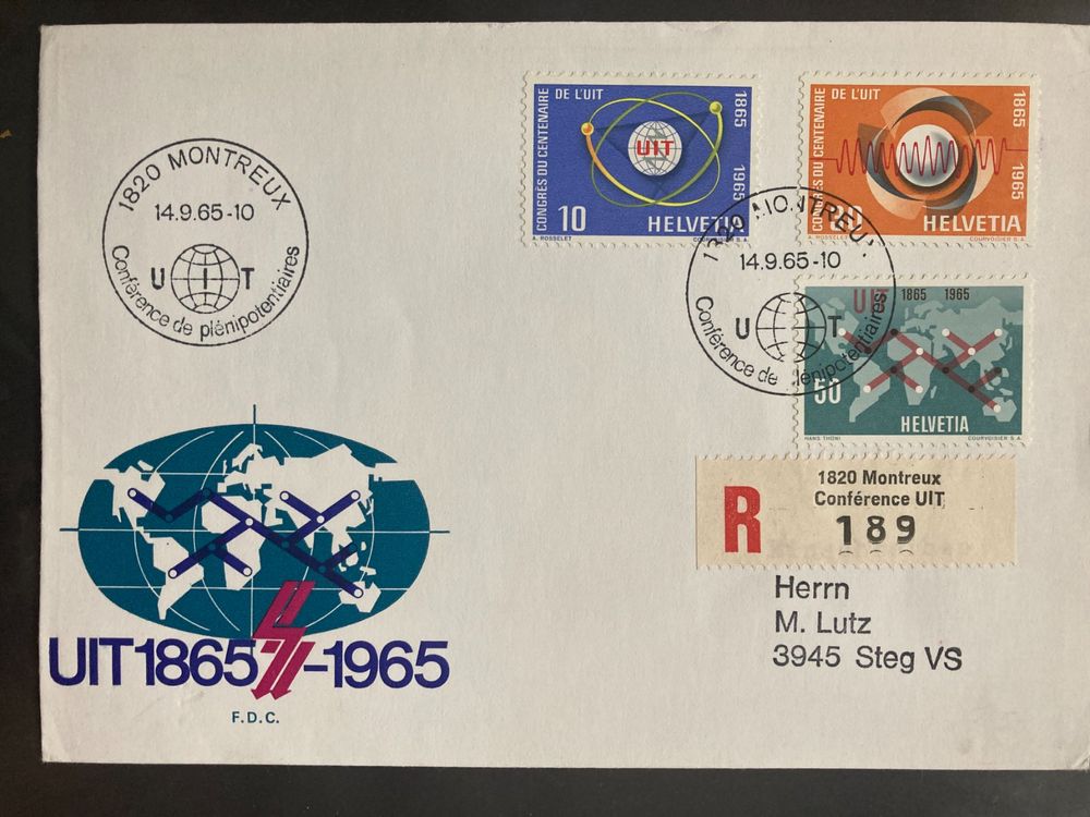 CH 1965 R-FDC Satz 100 J. UIT Ortsstempel Montreux Zufr. 50R (Gebraucht) in Liestal für CHF 2 ...