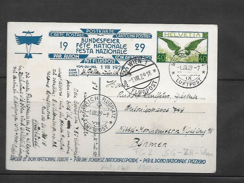 FP 1929 FG2 SG - ZH - Wien 01.08.1929 Kat: CHF 130.- (Gebraucht) in Basel für CHF 7 – mit ...