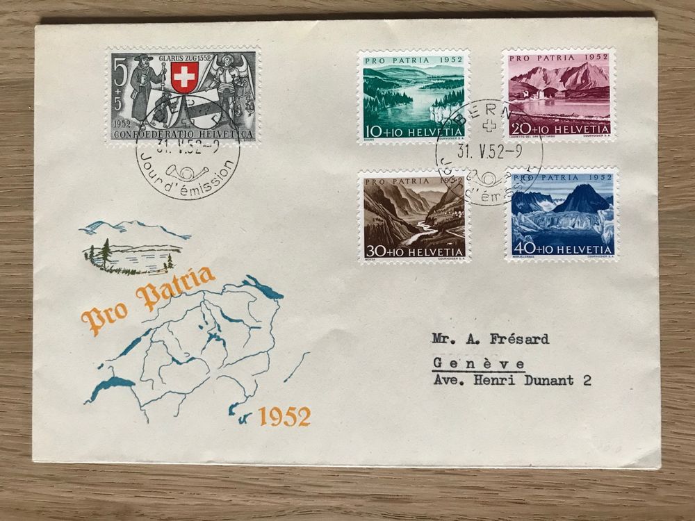 Pro Patria FDC 1952 mit Adresse und Emblem, Jour dèmission | Kaufen auf Ricardo