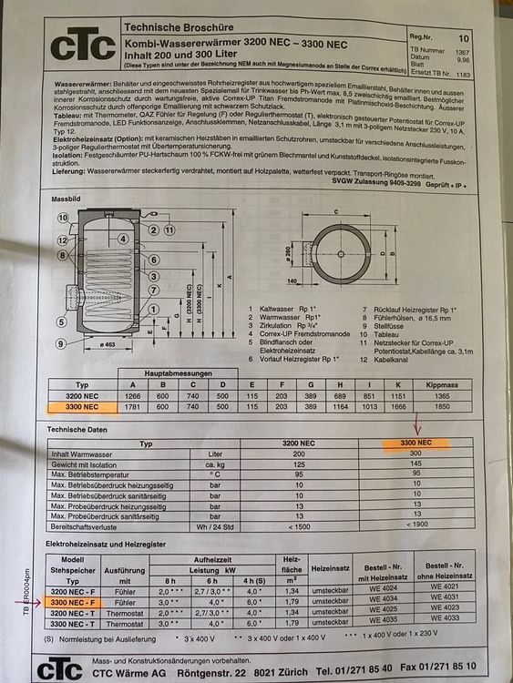 Boiler 300l. Elektro-Kombi Wassererwärmer CTC 3300 NEC (Gebraucht) in ...