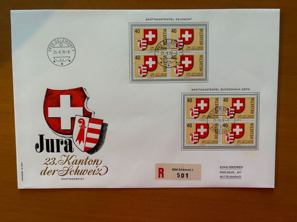 Luxusbrief 23.Kanton der Schweiz 4er Block Satz FDC 25.9.78 (Gebraucht) in Murgenthal für CHF 1 ...