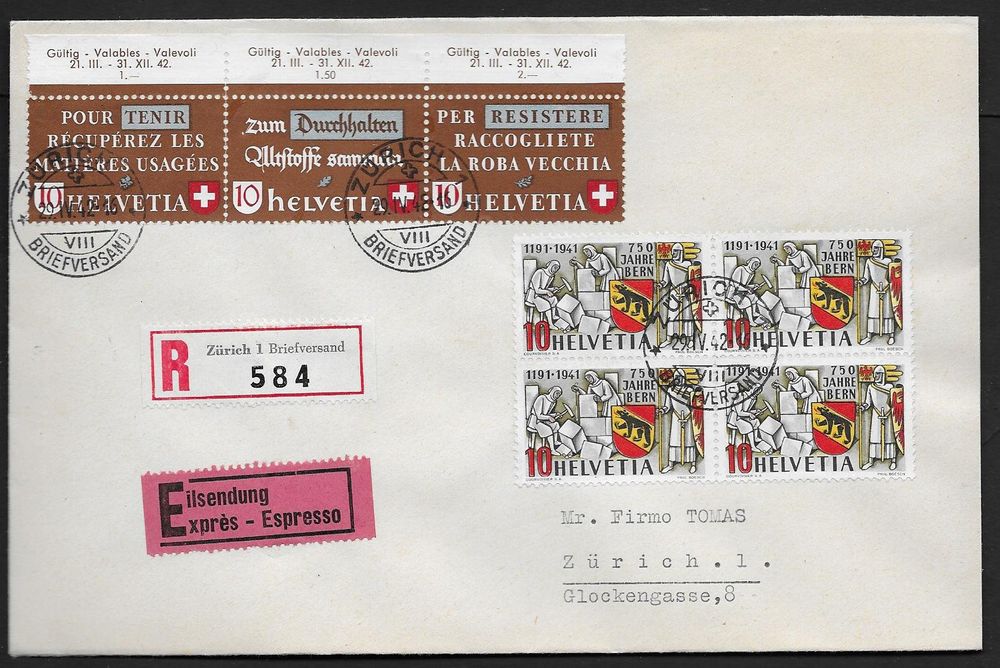 1942 R/Ex. Brief Zürich Altstoff 35b + Nr. 253 4erBl. ab 1.- (Gebraucht) in Zürich für CHF 26 ...