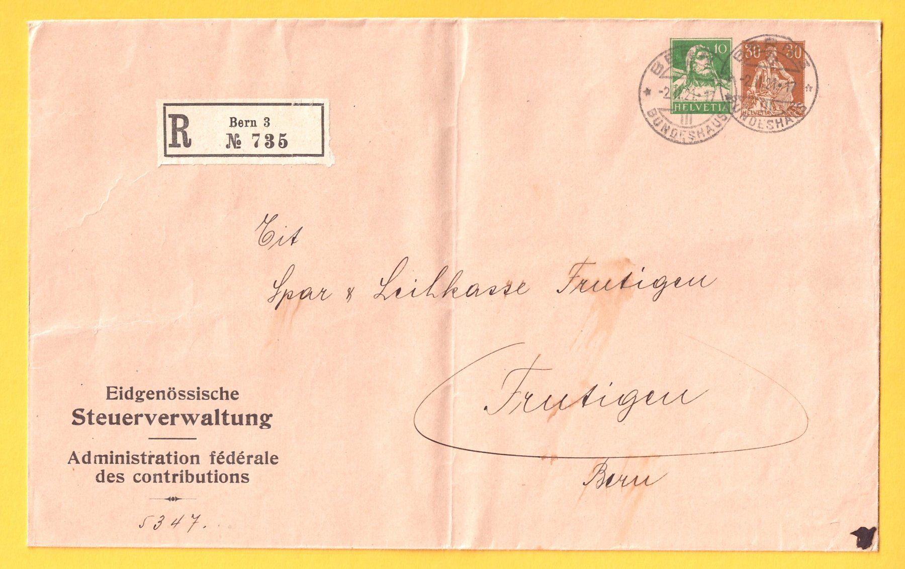 Privat Ganzsache Steuerverwaltung Bern n. Frutigen Ank. St. (Gebraucht ...