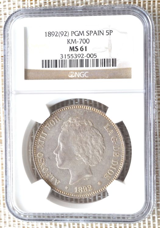 5 Pesetas 1892 NGC MS 61 | Kaufen auf Ricardo