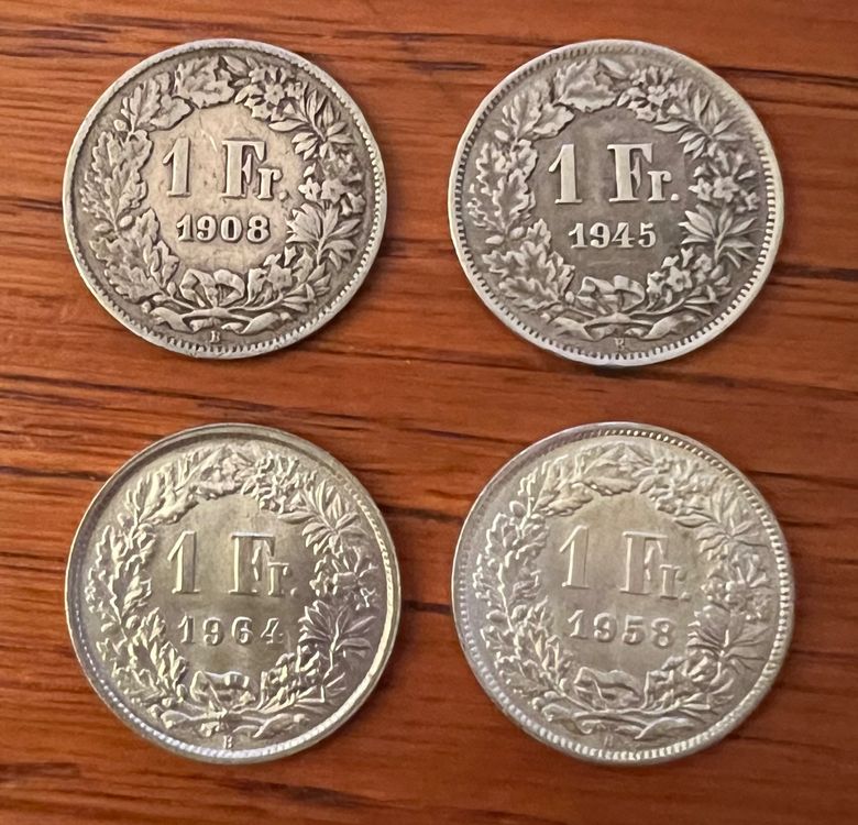 4 x pieces argent 1.- 1908 1945 1958 1964 Franken Silber | Kaufen auf Ricardo