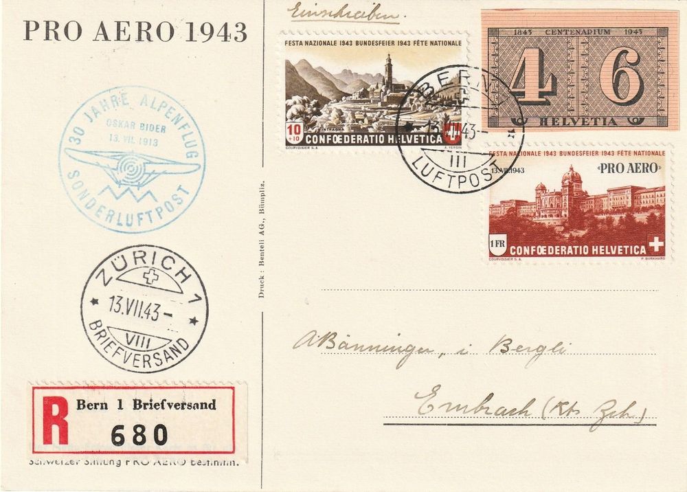 Pro Aero 1943, offiz. Karte Bern-Zürich mit Luxusblattaussch | Kaufen auf Ricardo