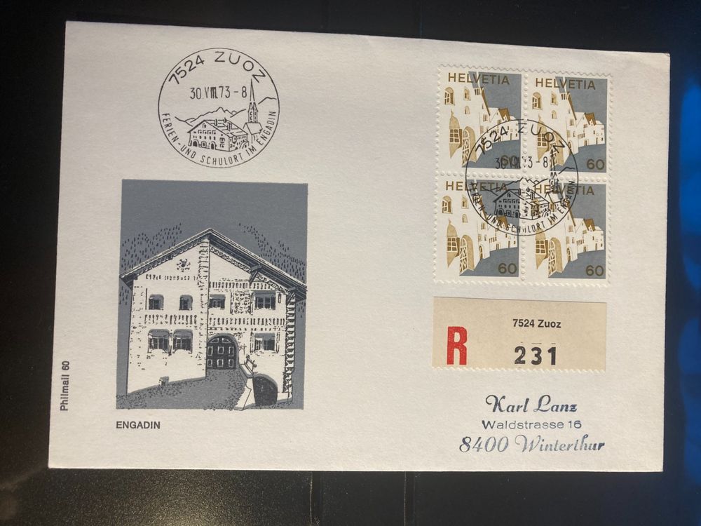 CH 1973 R-FDC 4er-Block 60 Scuol Ortsstempel Zuoz (Gebraucht) in Liestal für CHF 4 – mit ...
