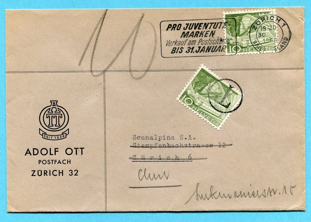 Brief von Zürich nach Chur mit Nachporto - Abs: A. Ott (Gebraucht) in ...