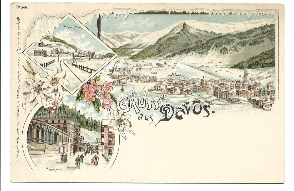 Gruss aus Davos (GR) Kurhaus - Dorf - Winter-Litho um 1900 | Kaufen auf Ricardo