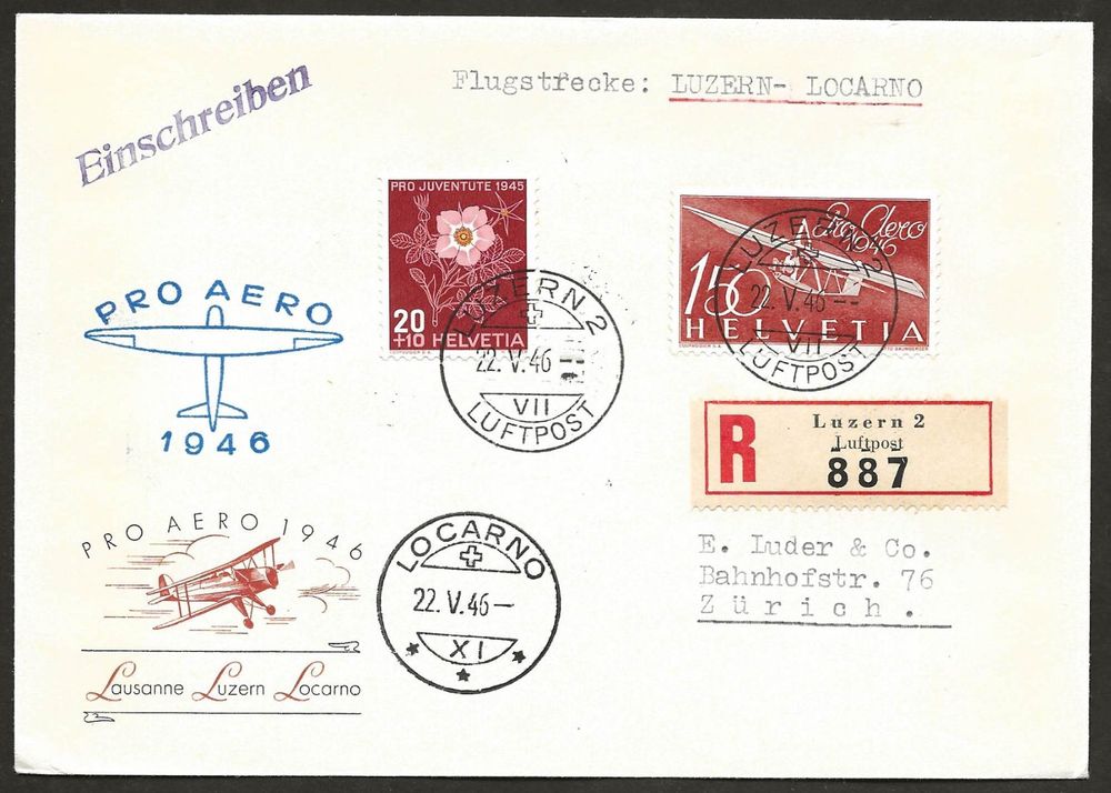 Flugpost Schweiz 1946 Sonderflug Luzern Locarno Luftpost (Gebraucht) in Au ZH für CHF 10 – mit ...