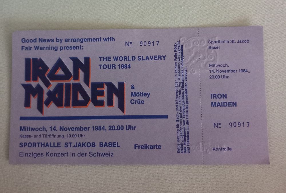 Iron Maiden Ticket. Freikarte von 1984 (Neu (gemäss Beschreibung)) in ...